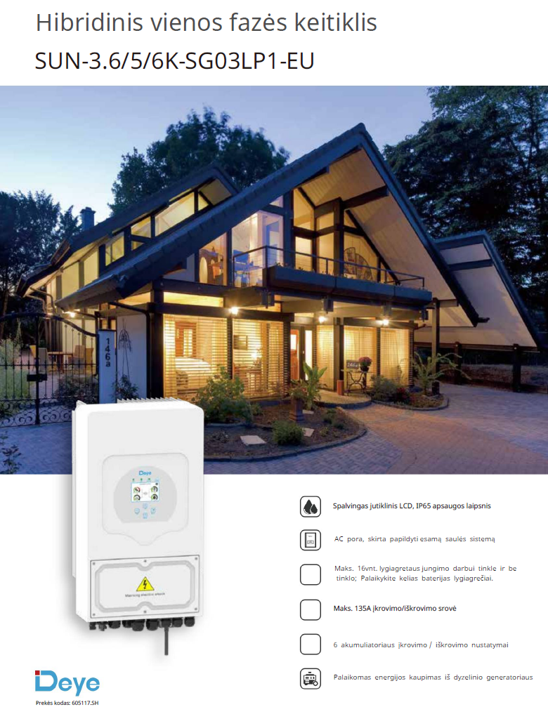 Hibridinis inverteris 1F. DEYE SUN-6K-SG05LP1-EU | Elektromodus